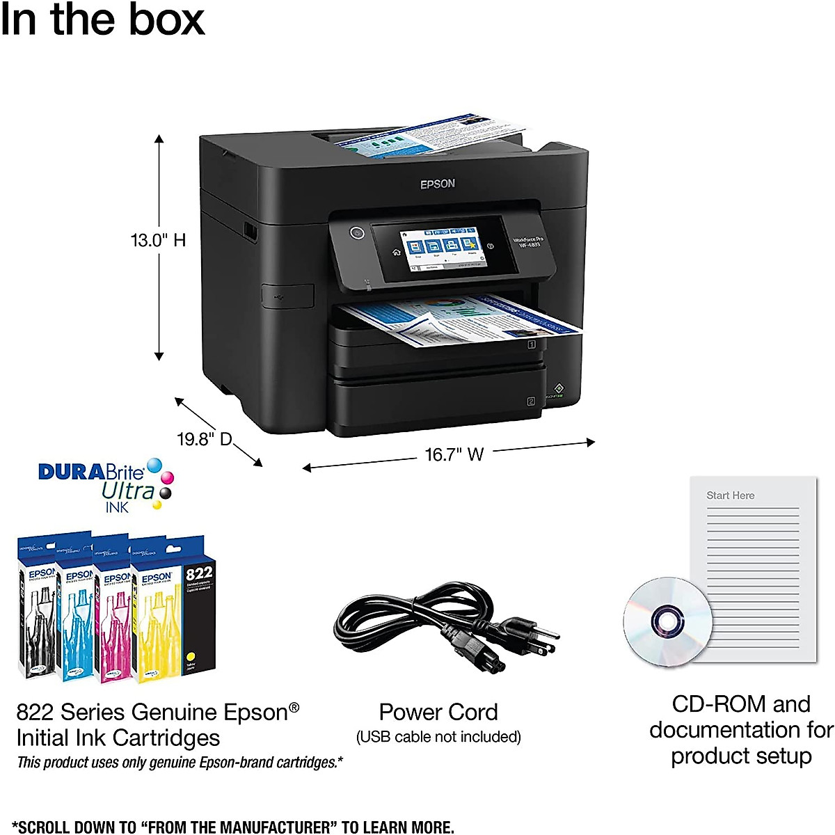 Epson Workforce Pro WF-4833 Wireless Color All-in-One Inkjet Printer, Black - Print Scan Copy Fax - 4.3" Touchscreen LCD, 25 ppm, 4800 x 2400 dpi, Auto 2-Sided Printing, 50-Sheet ADF, USB, Ethernet