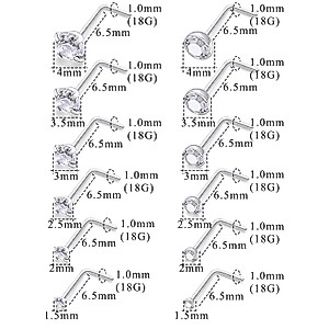 Lsnevsie Nose Rings Studs for Women 18G Surgical Stainless Steel L Shaped Curved l Silver Nose Stud Ring Body Piercing Jewelry for Men Diamond CZ 1.5mm 2mm 2.5mm 3mm 3.5mm 4mm