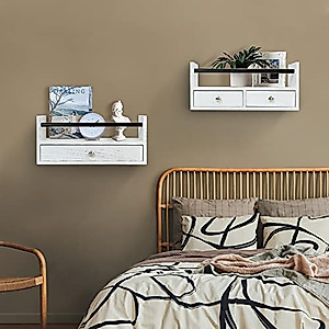 Y&ME YM Bathroom Shelf with Drawers Set of 2, Floating Nightstands for Bedroom, Wall Shelf with Drawer and Towel Rack Wall Mounted, Floating Drawer for Bathroom, Bedroom, Living Room, Kitchen (White)