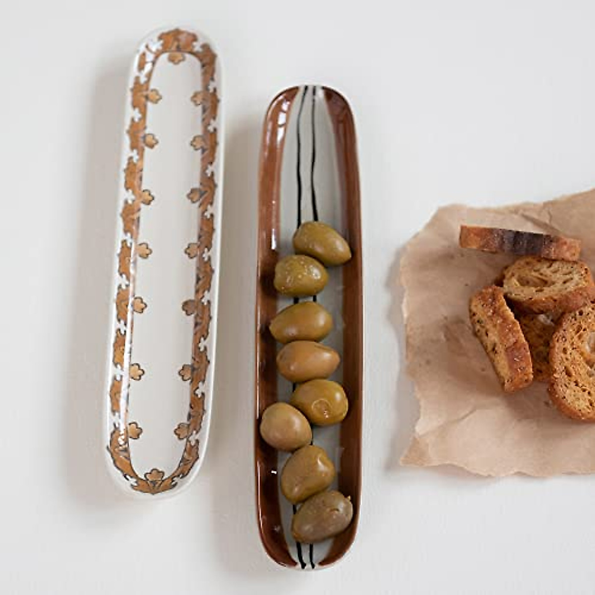 Creative Co-Op Oval Hand Painted Stoneware Tray, Brown and Black, Set of 2 Serveware, 13"L x 2"W x 1"H, Black & Brown