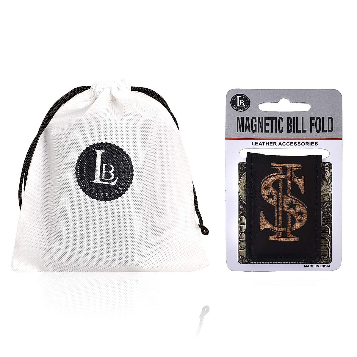 Leatherboss Genuine Leather Dollar Design Bifold Money Clip Wallet, Black