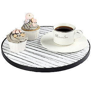 MyGift 12 Inch Vintage White Solid Wood Lazy Susan Turntable Tray with Black Metal Rim, 360 Degree Rotating Round Serving Display Tray for Food, Spices & Condiments