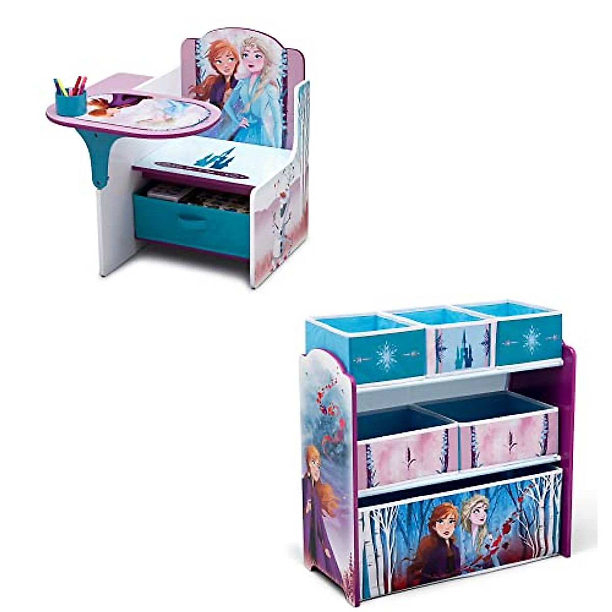 Delta Children Chair Desk with Storage Bin + Design and Store 6 Bin Toy Storage Organizer, Disney Frozen (Bundle)