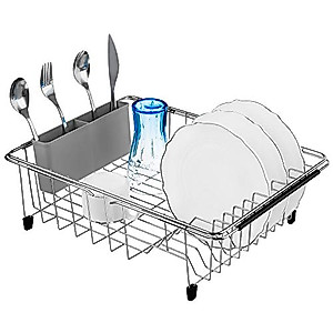iPEGTOP Expandable Deep & Large Dish Drying Rack, Over The Sink, in Sink Or On Counter Dish Drainer Basket Shelf with Grey Removable Utensil Silverware Holder, Rustproof Stainless Steel