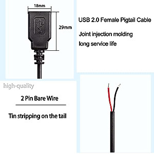 XMSJSIY USB 2.0 Female Pigtail Cable Extension Power Cable 22AWG 5V 3A USB A Socket to 2 Pin Bare Wire Open End Connector for DIY-2 Pcs (0.3M)