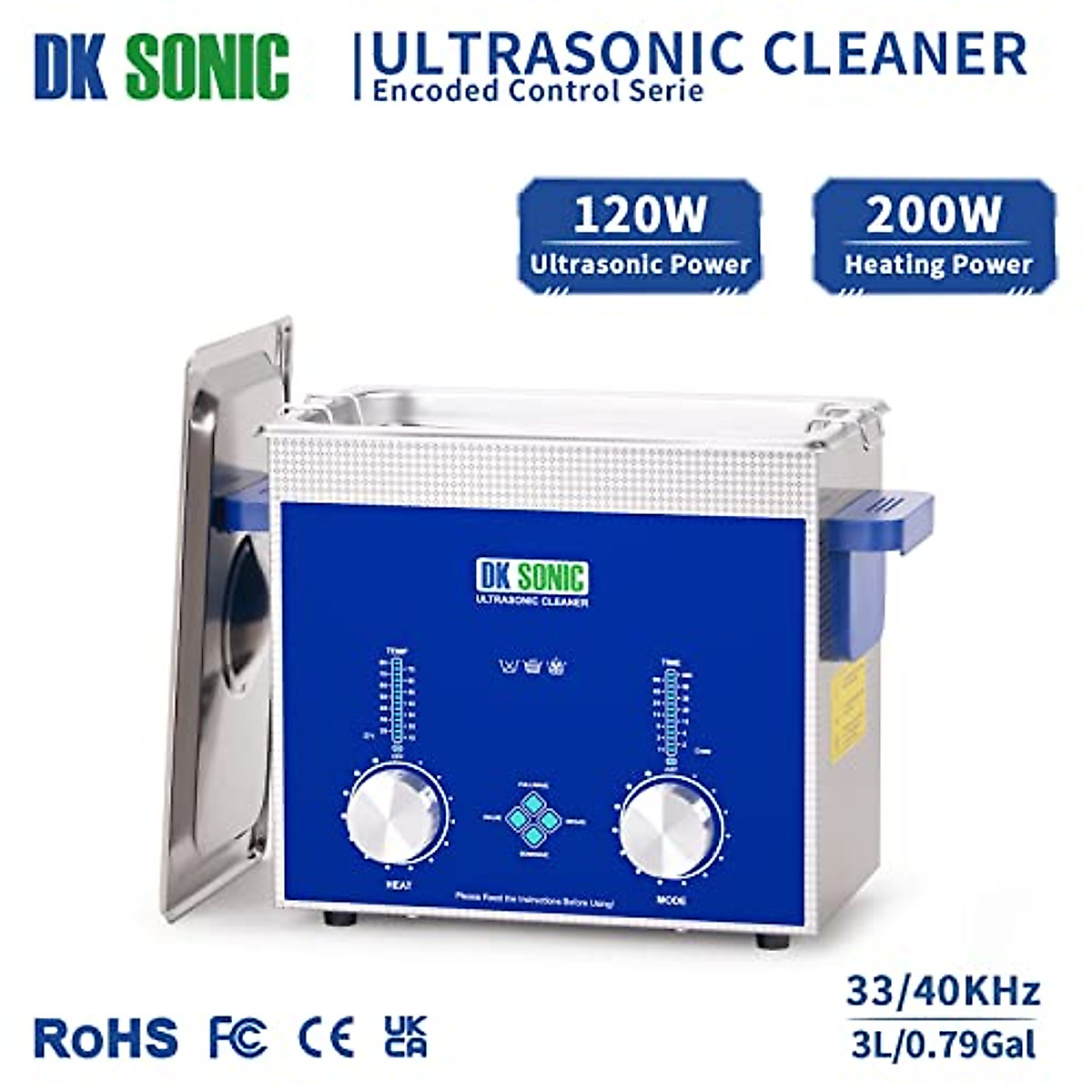 DK SONIC Ultrasonic Cleaner - Ultrasonic Jewelry Cleaner,Sonic Cleaner,Ultrasound Lab,Dental Tool,Carburetor,Gun,Parts,Denture Cleaning Machine with Encoded Timer and Heater(0.79Gal-3L)