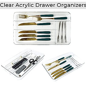 KIKILIE 2 Pack Clear Kitchen Drawer Organizer, Acrylic Transparent Divided Organizers for Utensils Silverware Makeup, Dresser Organizer with 4 Sections, Divider Flatware Tray