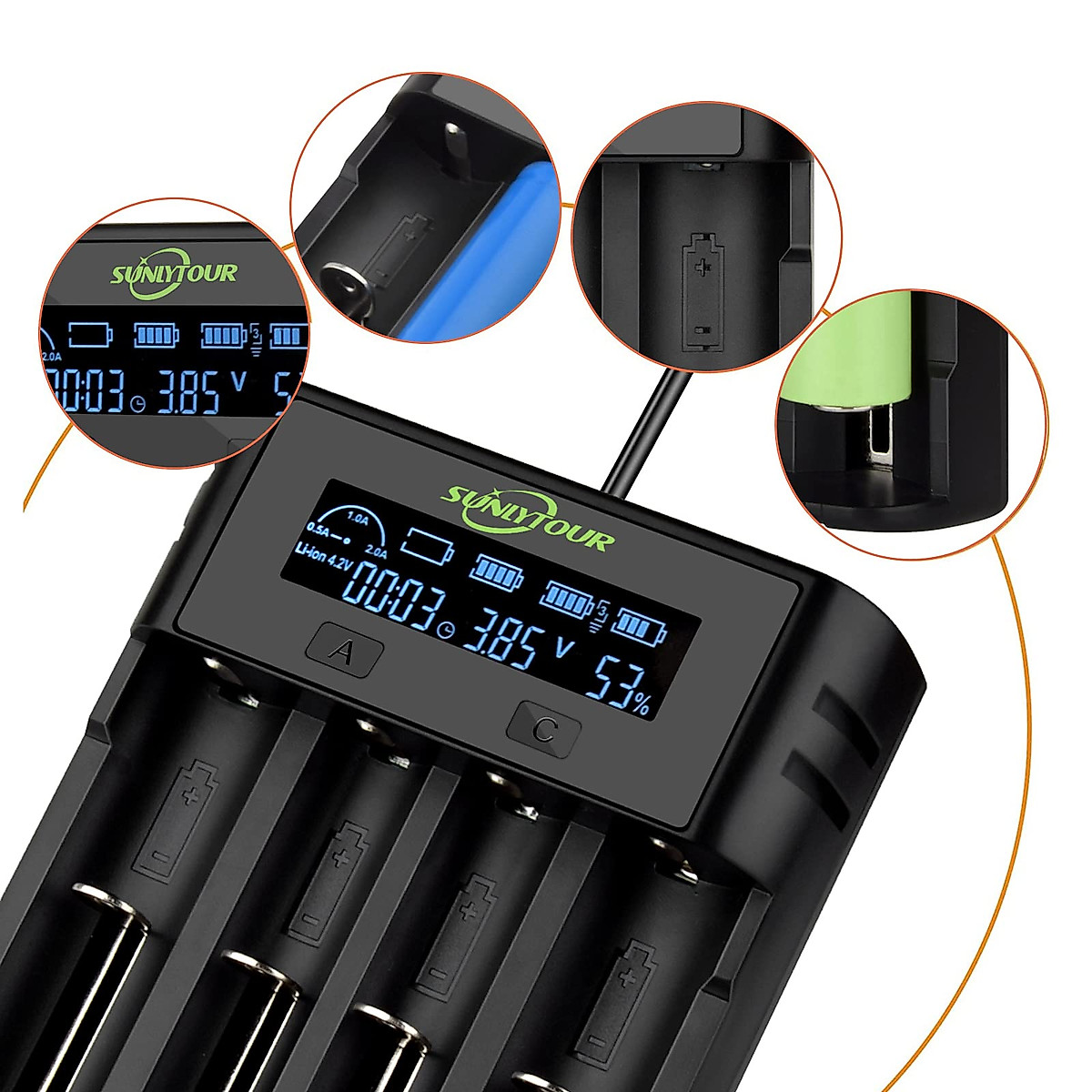 4 Slots 21750 21700 Battery Charger,4 Slots Ni-MH AA 18650 Battery Charger 21700 Charger for 20700 22700 22650 26650 26700 16340 (RCR123) 17670 Battery with PCB Protection Board