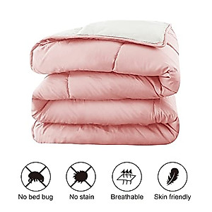 ART DEMO Reversible Down Alternative Quilted Comforter for Girls, Hypoallergenic Lightweight for All Season, Duvet Insert with Corner Tabs, Twin Size, Pink/White