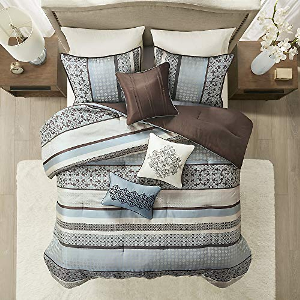 Madison Park Cozy Comforter Set - Luxurious Jaquard Traditional Damask Design, All Season Down Alternative Bedding with Matching Shams, Decorative Pillow Princeton Blue Queen(90"x90") 7 Piece