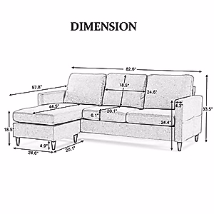 Morhome Rivet Revolve Modern Upholstered Sofa with Reversible Sectional Chaise, Living Room L-Shape 3-Seater Couch, Gray Linen