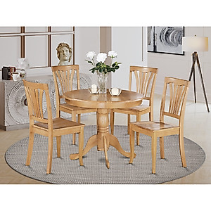 East West Furniture ANAV5-OAK-W 5 Piece Dining Room Table Set Includes a Round Kitchen Table with Pedestal and 4 Dining Chairs, 36x36 Inch, Oak