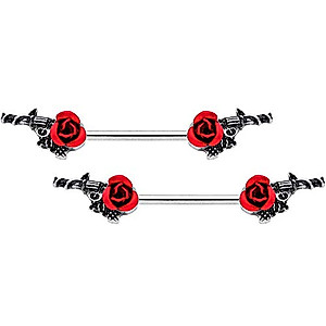 Body Candy 14G Womens Nipplerings Piercing 9/16" 316L Steel 2Pc Red Rose Gunslinger Gun Nipple Ring Set