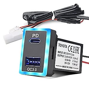 MICTUNING 12V/24V USB Type C Car Charger Replacement for Toyota, Dual USB Ports QC3.0 & PD Type C Car Power Socket Compatible with iPhone iPad PDA Laptop GPS (1.3''×0.9'')