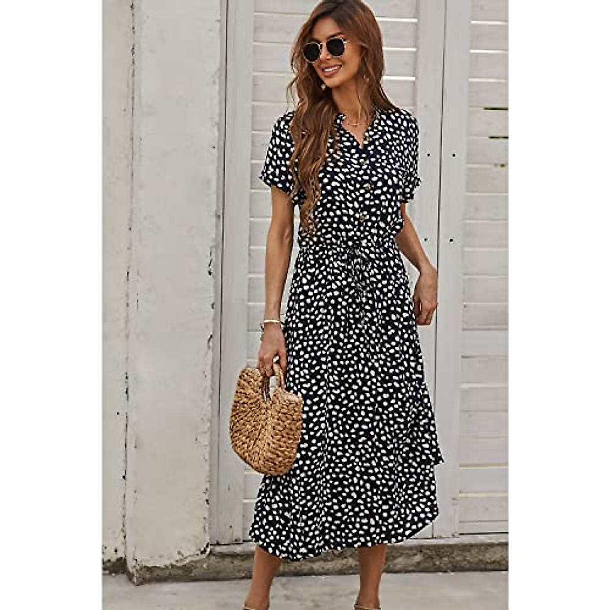 BROVAVE Women's Summer Polka Dot Print Shirt Dress Vintage Short Sleeve Button Down Midi Dress(Dark Blue, S)