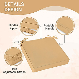 downluxe Outdoor Chair Cushions for Patio Furniture, Waterproof Square Corner Memory Foam Patio Chair Cushion with Adjustable Ties and Portable Handle, 19" x 19" x 3", Khaki, 4 Pack