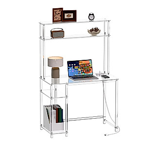 HMYHUM Acrylic Desk with Charging Station & Hutch, 39.4", Clear Computer Desk with USB Ports & Outlet, Storage Shelves for Home Office, Writing, Study, Modern