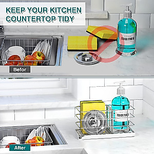 HJLIKE Sponge Holder for Sink,Stainless Steel Kitchen Sink Organizer Soap Dispenser Caddy Dish ,Sink Tray Drainer Rack Countertop Or Wall-Stick with Keep Dry, White