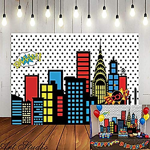 Art Studio 5x3ft Superhero Super City Photography Backdrops Skyline Buildings City Boom Photo Background Children Birthday Party Banner Photo Studio Booth Cake Table Decor Vinyl