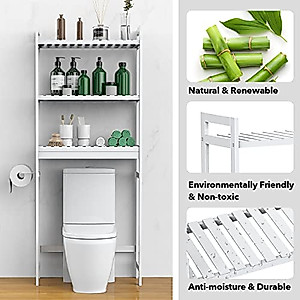 Purbambo Over The Toilet Storage, 3-Tier Bamboo Shelf Organizer Storage Rack with Toilet Paper Holder & 3 Hooks for Bathroom, Balcony, Porch, Laundry - White