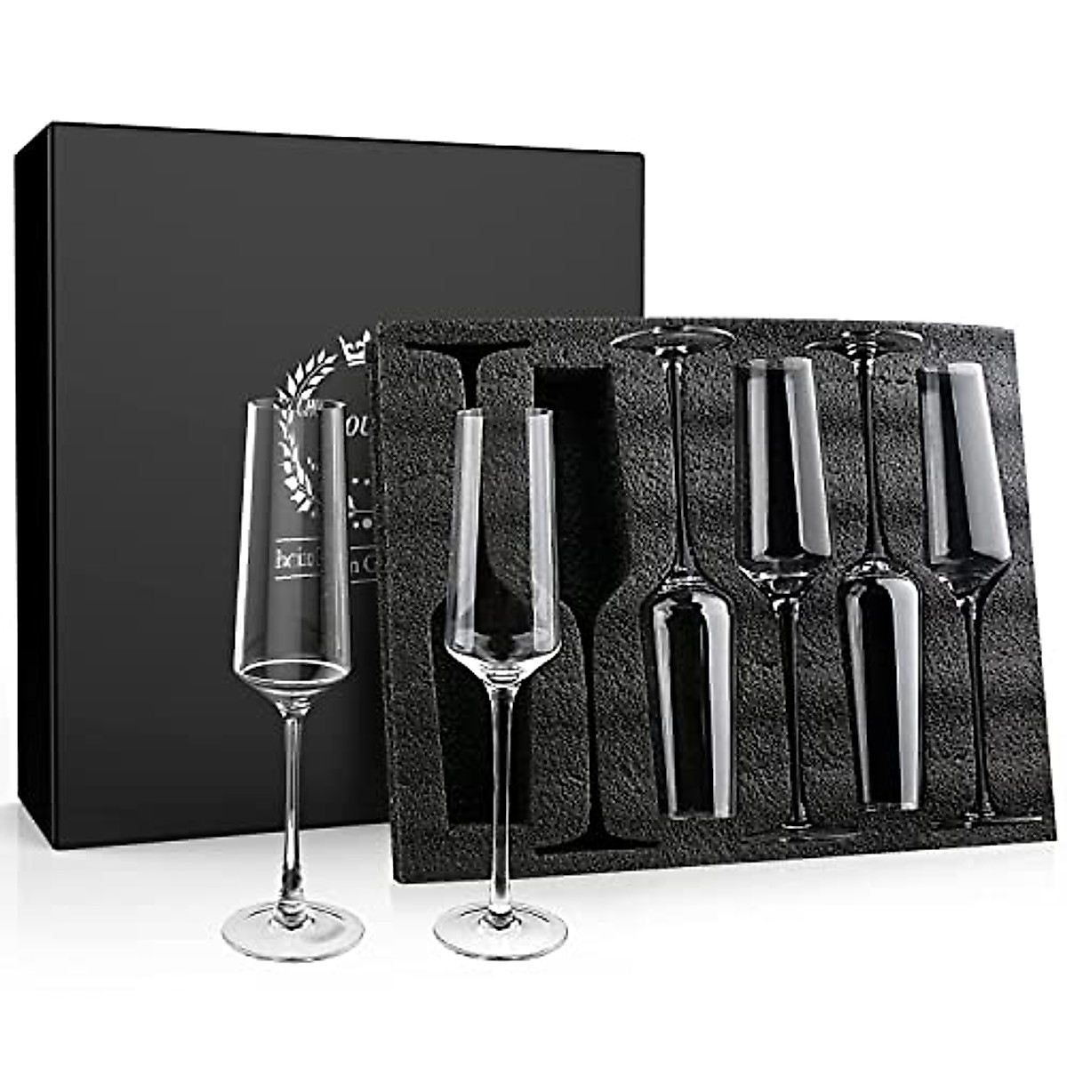 Chouggo Champagne Flutes Glass Set of 6, Hand Blown Glasses - Hand Crafted by Artisans - Premium Crystal - Gift for Birthday, Wedding, Anniversary, Christmas - 8oz, Clear