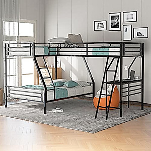 JJRY L-Shaped Metal Twin Over Full Bunk Bed with A Twin Size Loft Bed Attached A Desk and Two Inclined Ladders, Black