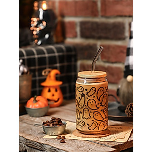 WODOHOLO Halloween Ghosts Iced Coffee Can Glass Gifts Halloween Drinking Glass Cup with Lid and Straw, 16oz Halloween Tumbler Beer Can Glass, Halloween Gifts, Halloween Decorations