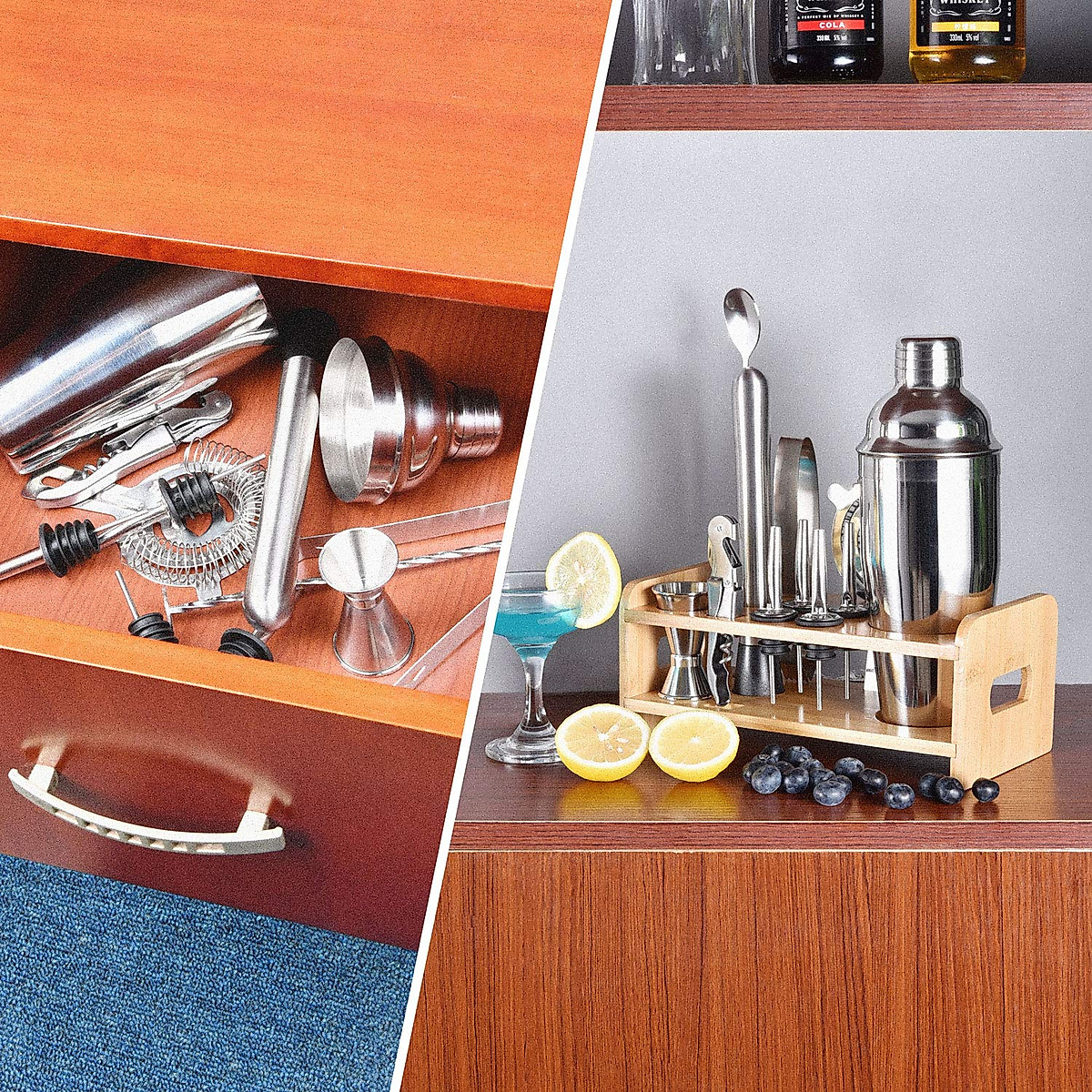 Esmula Bartender Kit with Stylish Bamboo Stand, 12 Piece Cocktail Shaker Set for Mixed Drink, Professional Stainless Steel Bar Tool Set - Cocktail Recipes Booklet(25 oz)