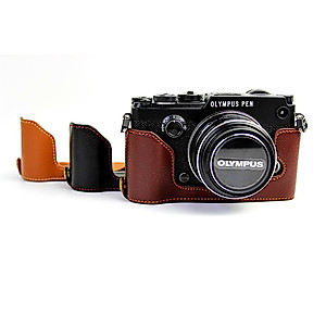 PEN-F Case, BolinUS Handmade Genuine Real Leather Half Camera Case Bag Cover for Olympus PEN-F Bottom Opening Version + Hand Strap - Coffee
