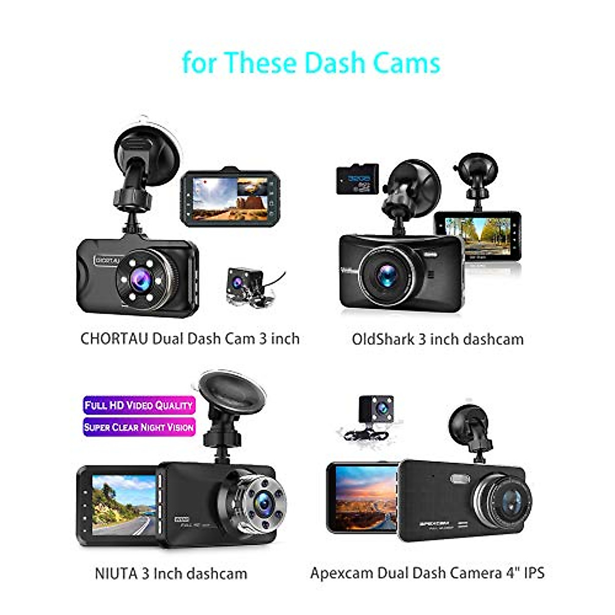 Glucrean Dash Cam Mount Compatible with CHORTAU/ OldShark/ NIUTA/ Apexcam dashcam, Suction Cup Mount Easy to Install and Use, Strong Suction Power Hight Durability and Removeable 2 Pcs