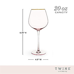 TWINE Rose Red Wine Glasses, Gold Rimmed Pink Tinted Crystal Wine Glass Set, Stemmed Wine Glasses, Set of 2, 20 Ounces