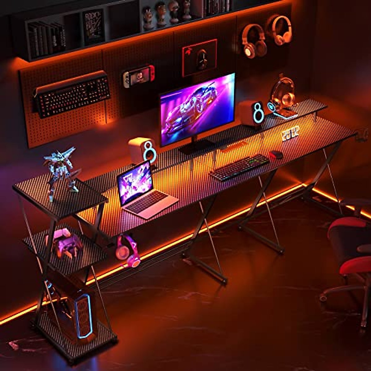 SEVEN WARRIOR L Shaped Gaming Desk with LED Lights & Power Outlets, 58” Reversible Computer Desk with Storage Shelf & Monitor Stand, Corner Desk with Cup Holder, with Headphone Hook, Black