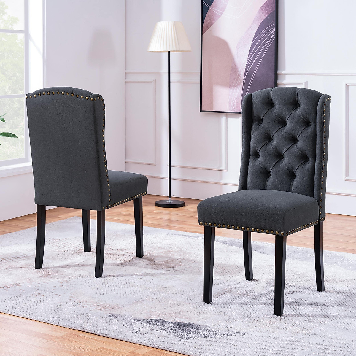 Yaheetech Dining Chairs Upholstered Fabric Chairs Tufted Kitchen Chairs with Solid Wood Legs, Nailhead Trims and Wing Design for Dining Room Kitchen and Restaurant, Set of 2, Gray