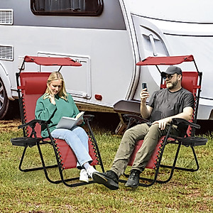 Magshion Zero Gravity Lounge Chair with Canopy, Outdoor Foldable Patio Reclining Chair with Side Tray, Adjustable Anti-Gravity Recliner with Headrest, Folding Lounger for Lawn Camping Beach, Maroon