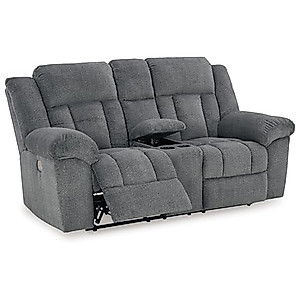 Signature Design by Ashley Tip-Off Modern Wall Hugger Power Reclining Loveseat with Adjustable Headrest, USB Ports, Storage and Cup Holders, Gray