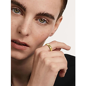 FOCALOOK Gold Ring 14K, Gold Rings for Women, Crush Wide Band Gold Ring, Wide Gold Band, Stacking Rings, Gold Wedding Band Minimalist Style (Gold, 7)