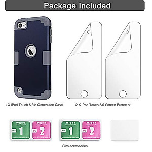iPod Touch Case with 2 Screen Protectors, IDweel 3 in 1 Hard PC Case + Silicone Shockproof for Kids Heavy Duty Hard Case Cover for 2019 iPod Touch 7th/6th/5th Generation, Navy Blue + Gray