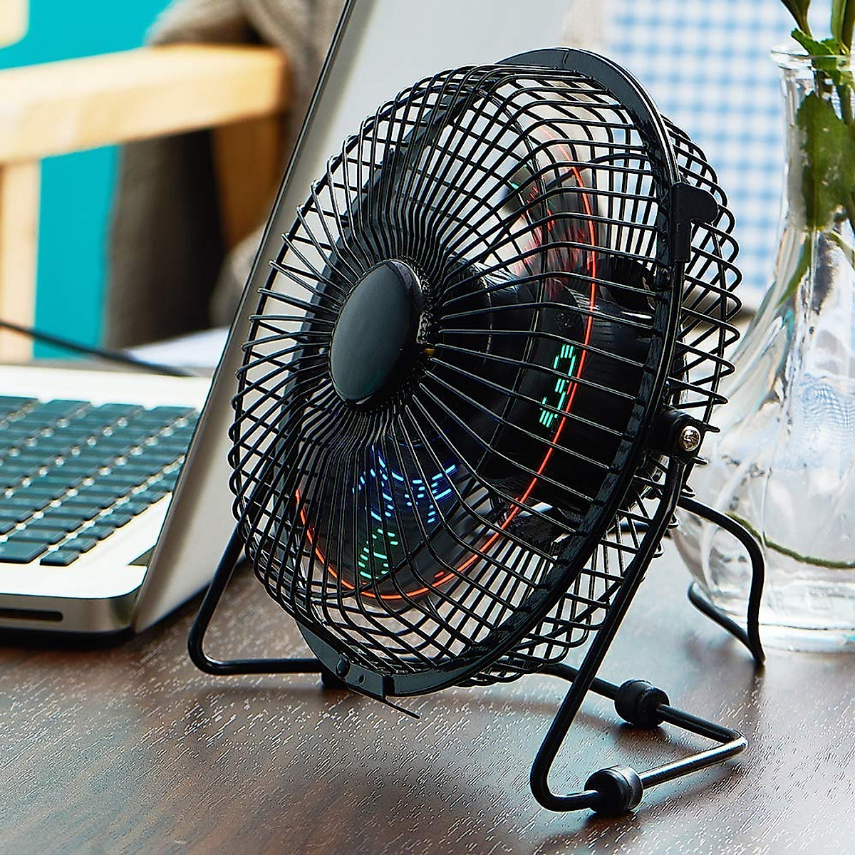 Lichamp Small Desk Fan with Clock and Temperature Display, 7 Inch Metal Frame USB Powered Flashing LED Display Electric Little Personal Cooling Fan, Quiet Table Fan with 5 Feet USB Cable