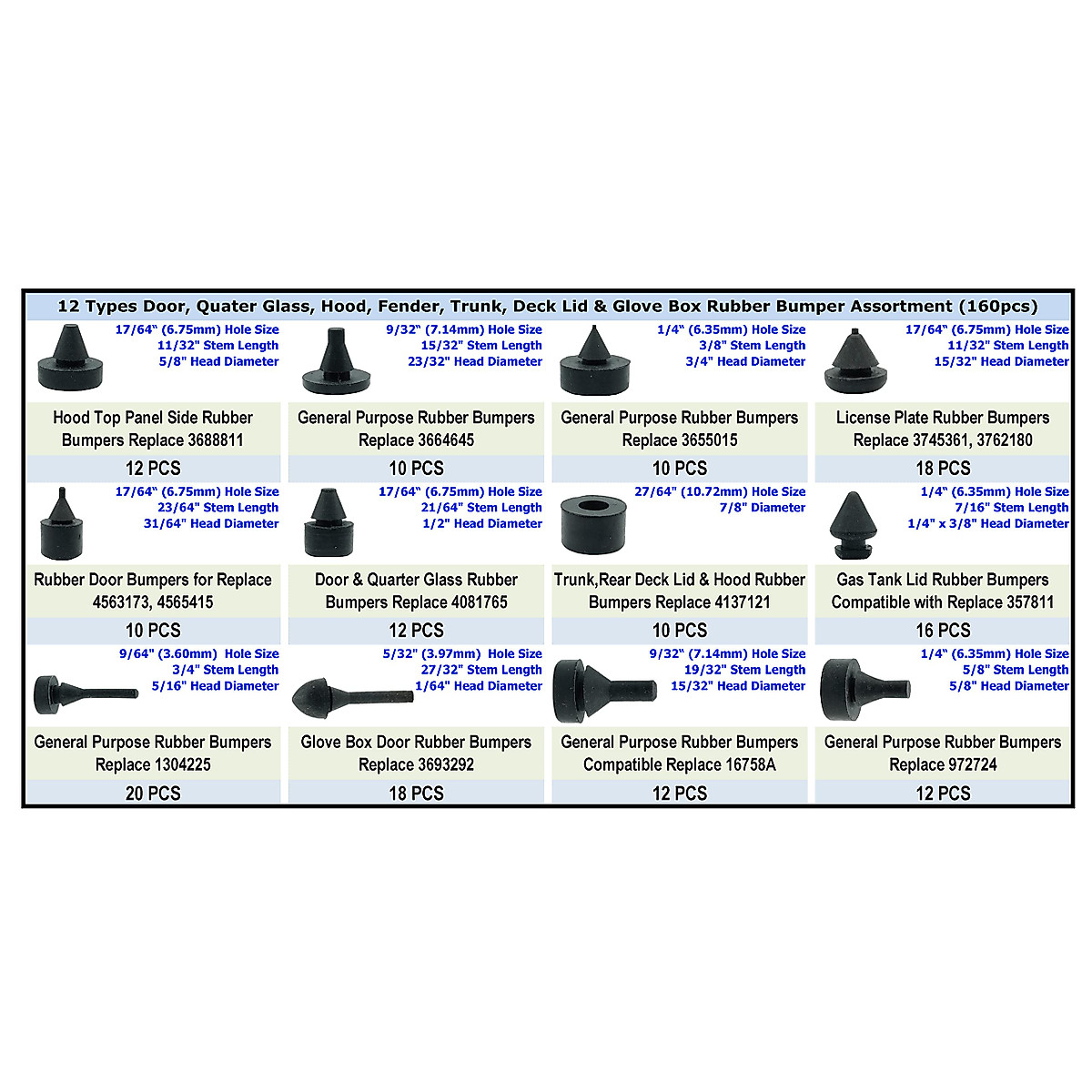 Dsnaduo 160 PCS Black Rubber Bumper Assortment, Automotive Rubber Bumper Stopper, Rubber Stop Bumper Compatible with GM Ford and Chrysler Replace 20030, 8210, fit Many Models