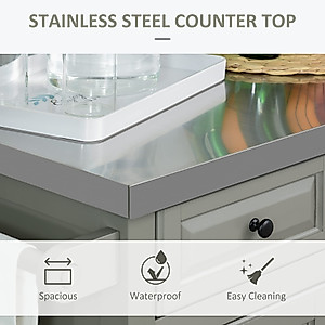 HOMCOM Rolling Kitchen Island with Storage, Kitchen Cart with Stainless Steel Top, Spice Rack & Drawers, Gray