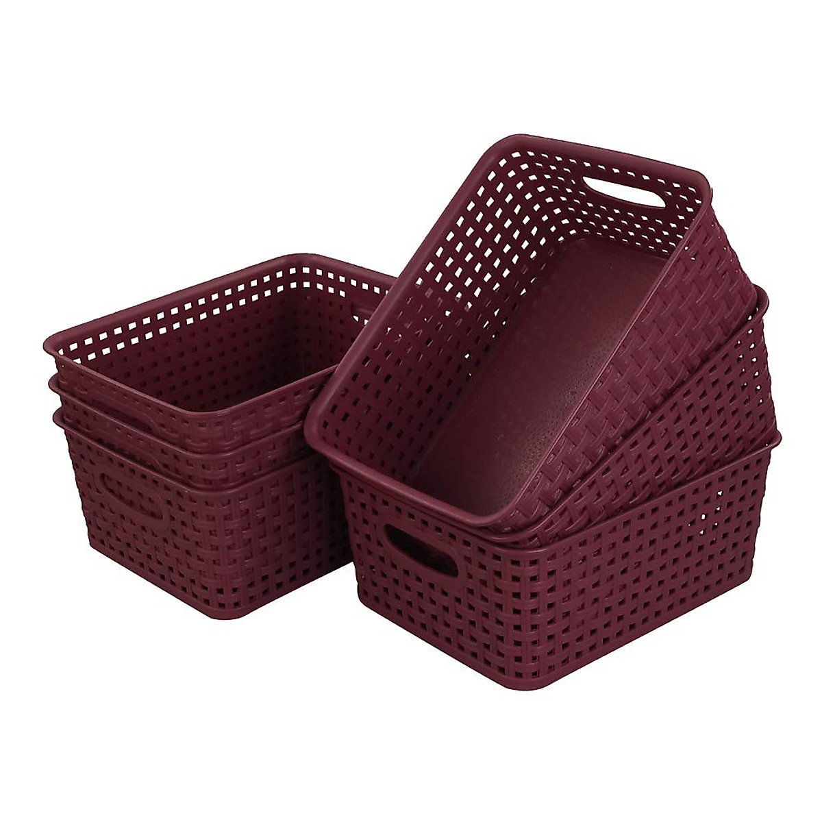 Sandmovie Plastic Weave Storage Baskets for Kitchen Bathroom, Wine Red, 6 Packs, F