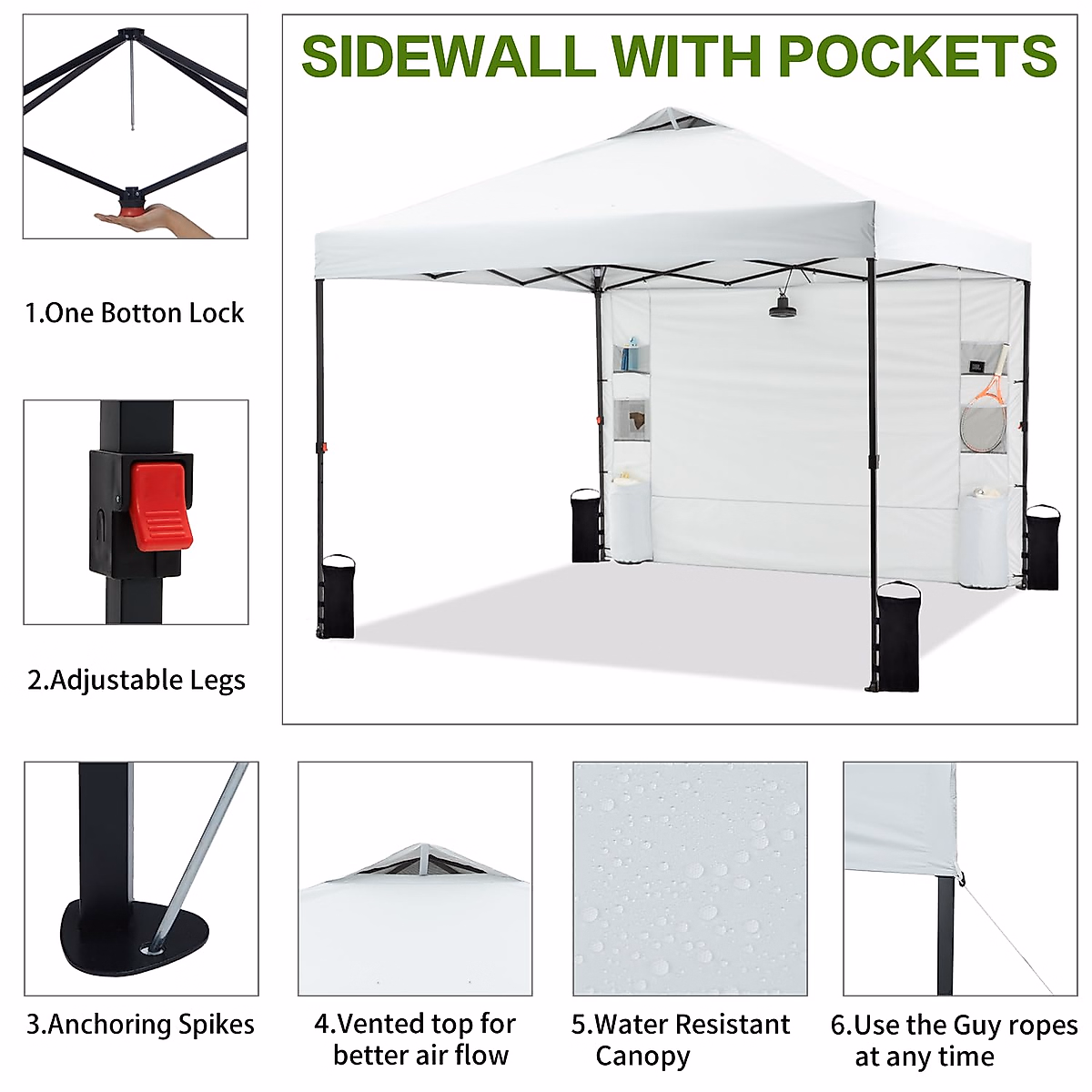 Tunbne 10'x10' Pop Up Canopy Tent with 1 Sidewall and 6 Pockets, One Push Setup, Instant Shade Tent with Vented Roof for Beach Patio Outdoor, Case, 8 Stakes, 4 Ropes, 4 Sandbags (White)