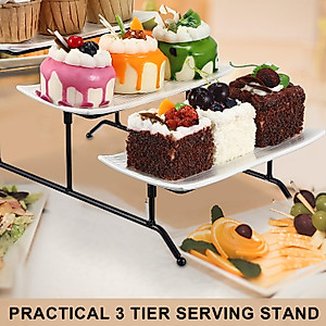 Tanlade 2 Pcs Tiered Serving Stand 3 Tier Serving Tray with 3 Porcelain Serving Platters Ceramic Tiered Serving Trays Platters with Detachable Metal Rack Dessert Table Display Set Stable for Party