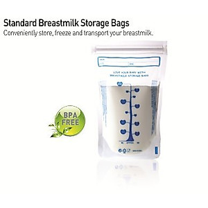 Unimom 60 Breast Milk Storage Bags - Self Standing, Freezer Safe, Leak Proof Zip Top Closure, Pre Sterilized, BPA Free, Marked Measurements – 7oz – by Unimom