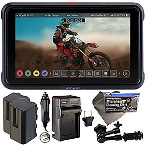 Atomos Ninja V 5" Touchscreen Recording Monitor 10bit HDR with 2X NP-F750 Batteries, Charger, 7" Magic Arm + Cleaning Cloth Bundle