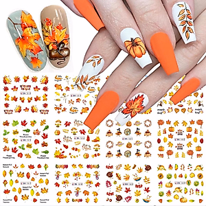 Fall Nail Art Stickers Thanksgiving Nail Decals Maple Leaf Turkey Water Transfer Nail Sticker Autumn Design Nail Art Supplies Acrylic Nail Accessories for Women Girls Thanksgiving Day Nail Decoration