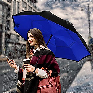 owen kyne Windproof Double Layer Folding Inverted Umbrella, Self Stand Upside-down Rain Protection Car Reverse Umbrellas with C-shaped Handle (Sapphire Blue)