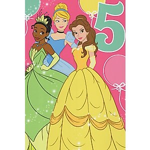 Princess Happy 5th Fifth Birthday Card (Age 5) Featuring Belle, Cinderella, and Tiana - Hope Your Special Day is Filled With Sweet Dreams and Happy Endings
