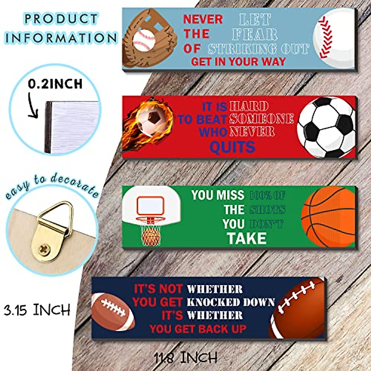 Sport Motivational Quote Wall Art(pack of 4), Basketball Football Baseball Soccer Sport Hanging Wall Prints Plaques, Sport Themed for Boy's Bedroom Playroom Classroom Living Room Decoration
