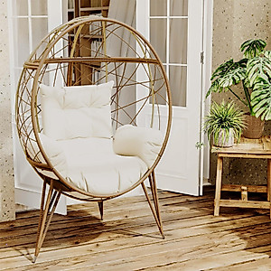 FKSLIFE Wicker Egg Chair with Stand Cushion Outdoor Indoor Lounger Egg Basket Chair for Living Room, Backyard, Balcony, Patio (Beige)